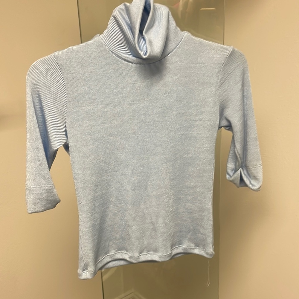 Gorgeous 1990s Y2k Baby Blue Turtleneck Blouse 3 Quar… - Gem